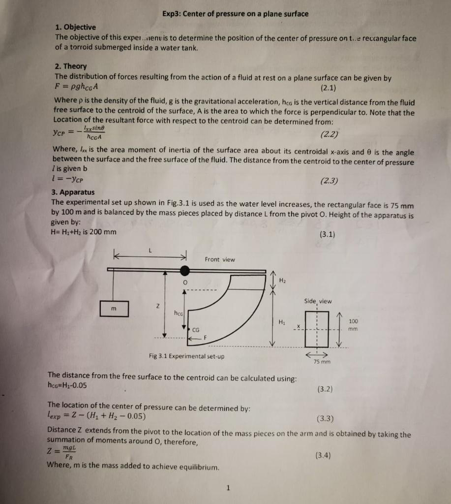 Exp3: Center of pressure on a plane surface 1. | Chegg.com