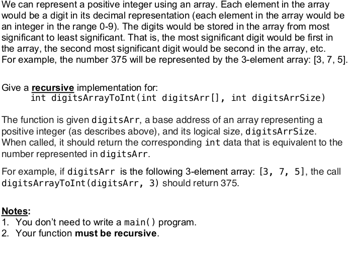 Solved We can represent a positive integer using an array. | Chegg.com