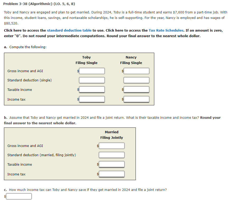 Solved Problem 3-38 (Algorithmic) (LO. 5, 6, 8)Toby and | Chegg.com