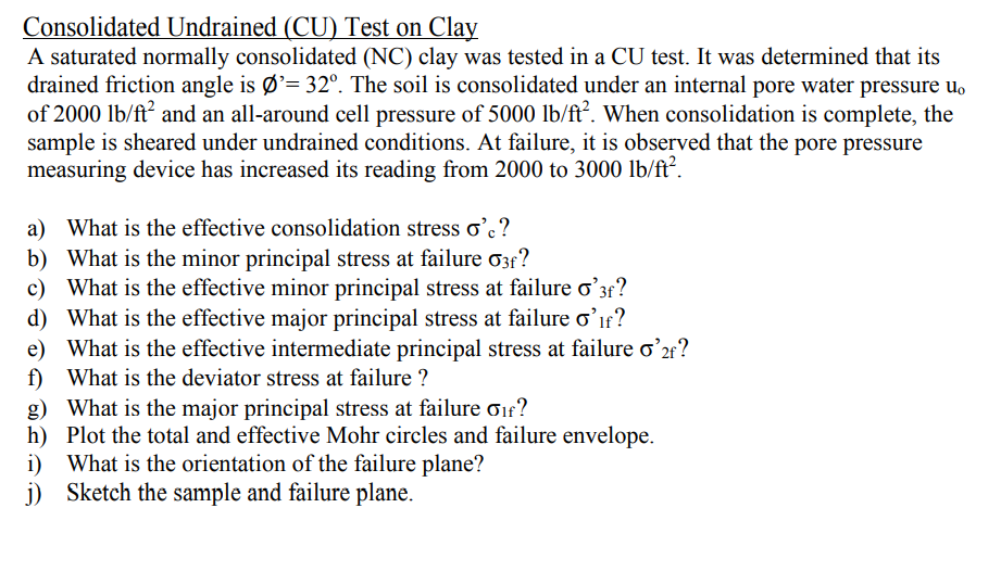 Solved Consolidated Undrained (CU) Test on Clay A saturated | Chegg.com