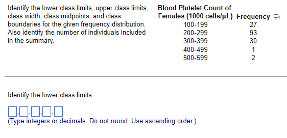 Identify the lower class limits. (Type integers or | Chegg.com
