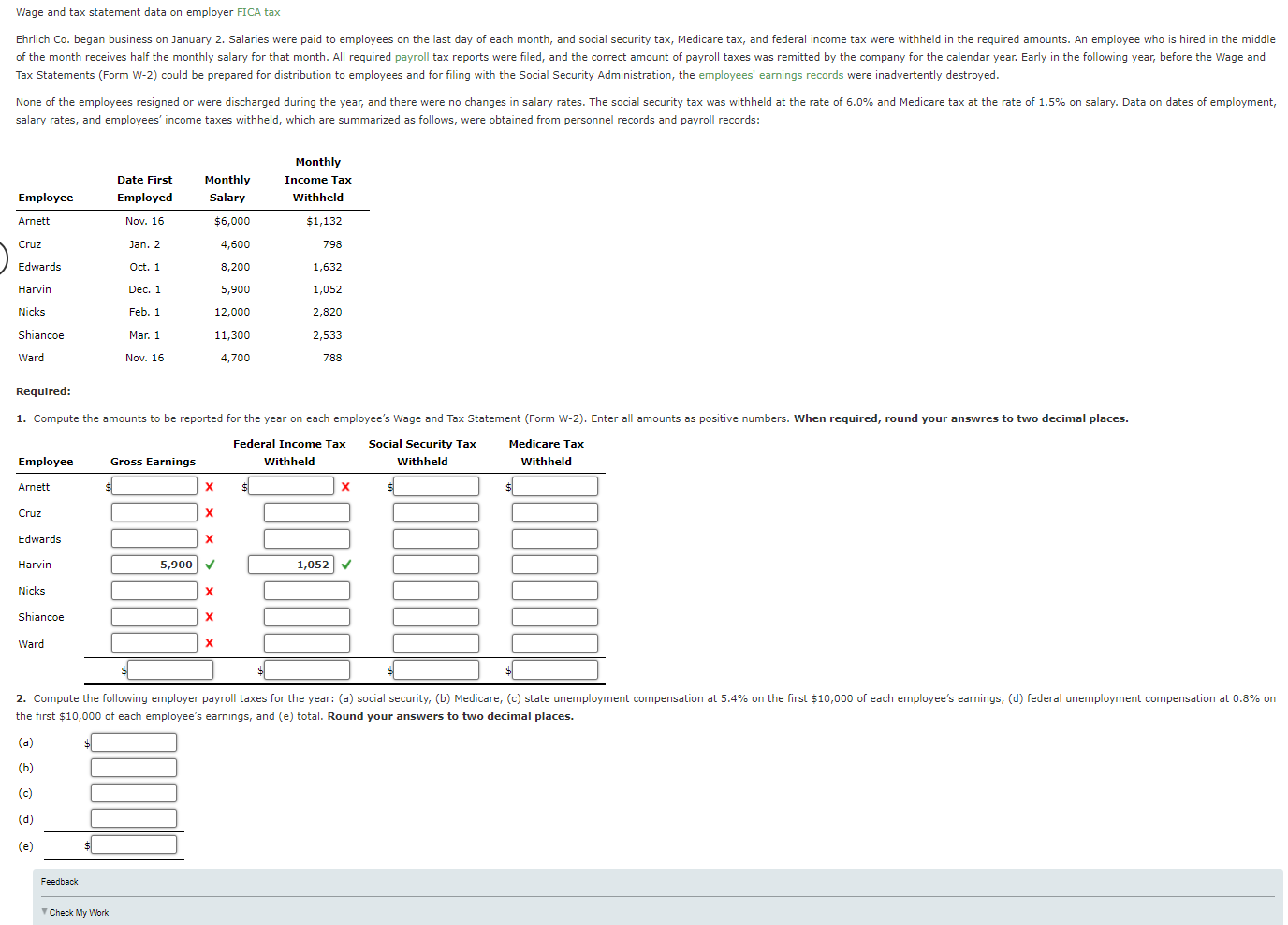 Solved Wage And Tax Statement Data On Employer Fica Tax 7477