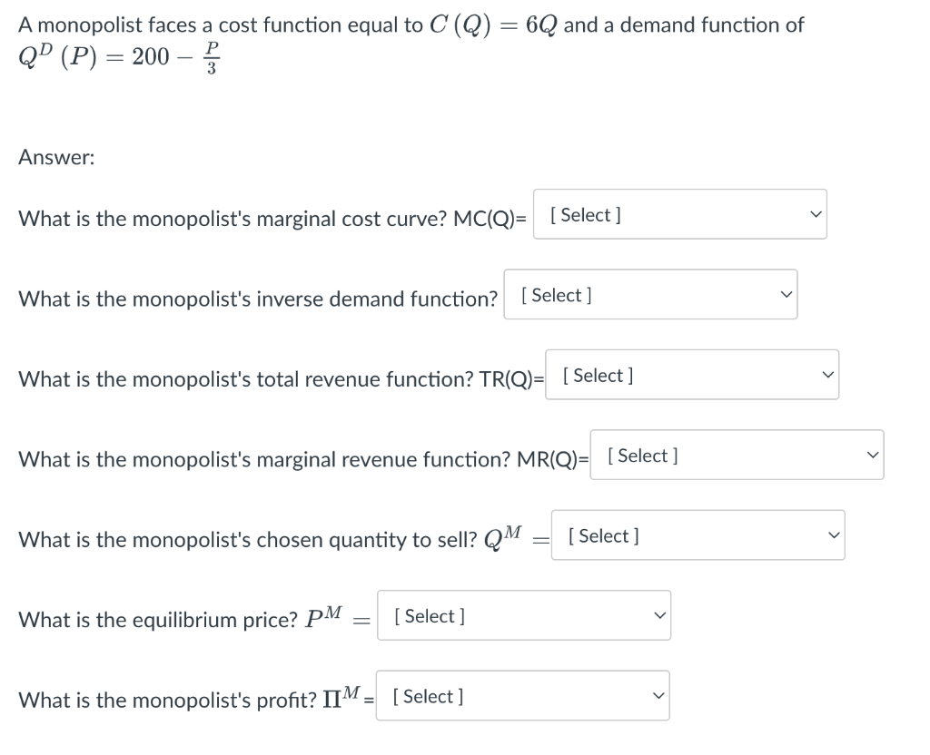 Solved A monopolist faces a cost function equal to C(Q)=6Q | Chegg.com