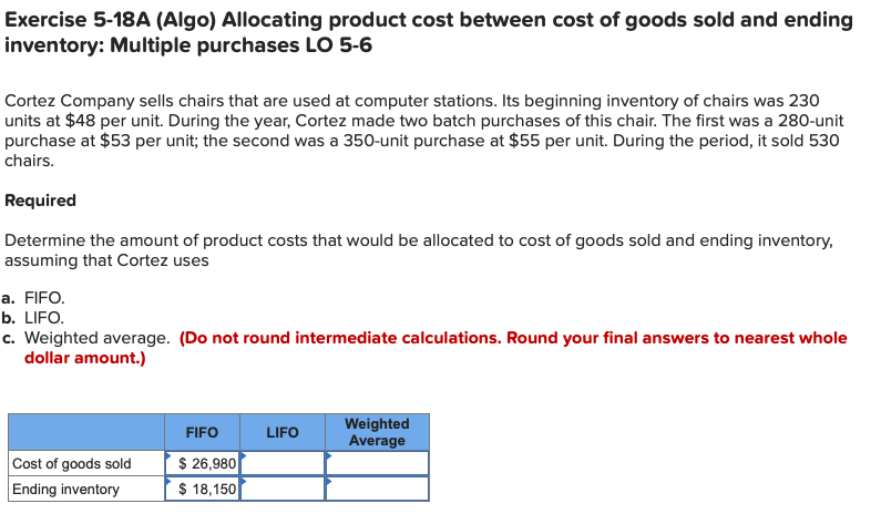 Solved Exercise 5-18A (Algo) Allocating product cost between | Chegg.com
