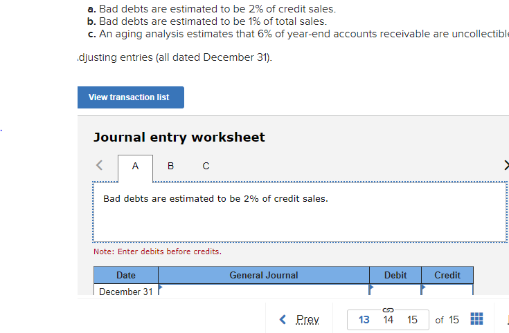 Solved Journal entry worksheet Bad debts are estimated to be | Chegg.com