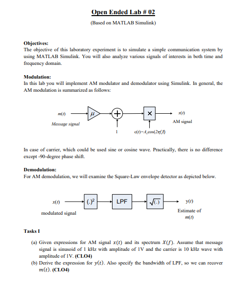Solved Open Ended Lab # 02 (Based on MATLAB Simulink) | Chegg.com