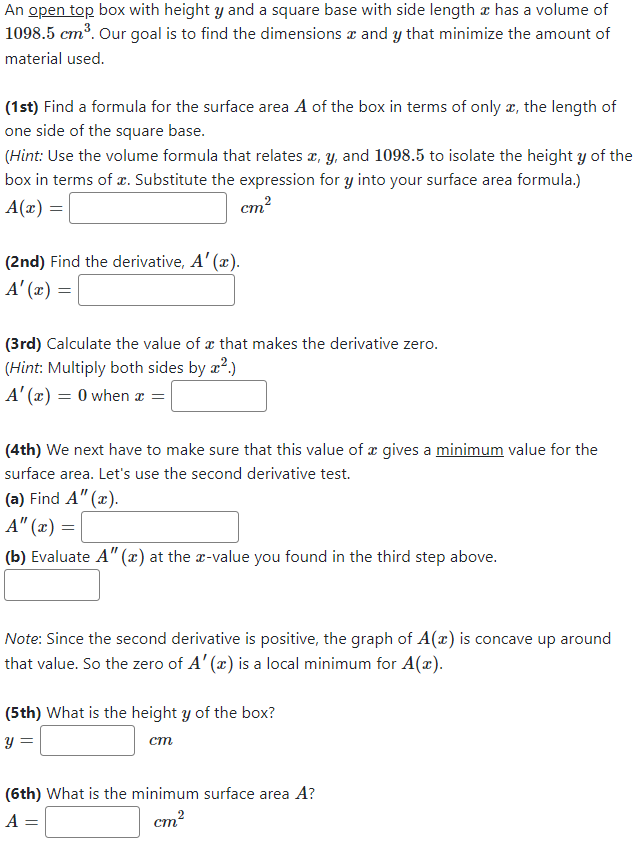 Solved An open top box with height y and a square base with | Chegg.com