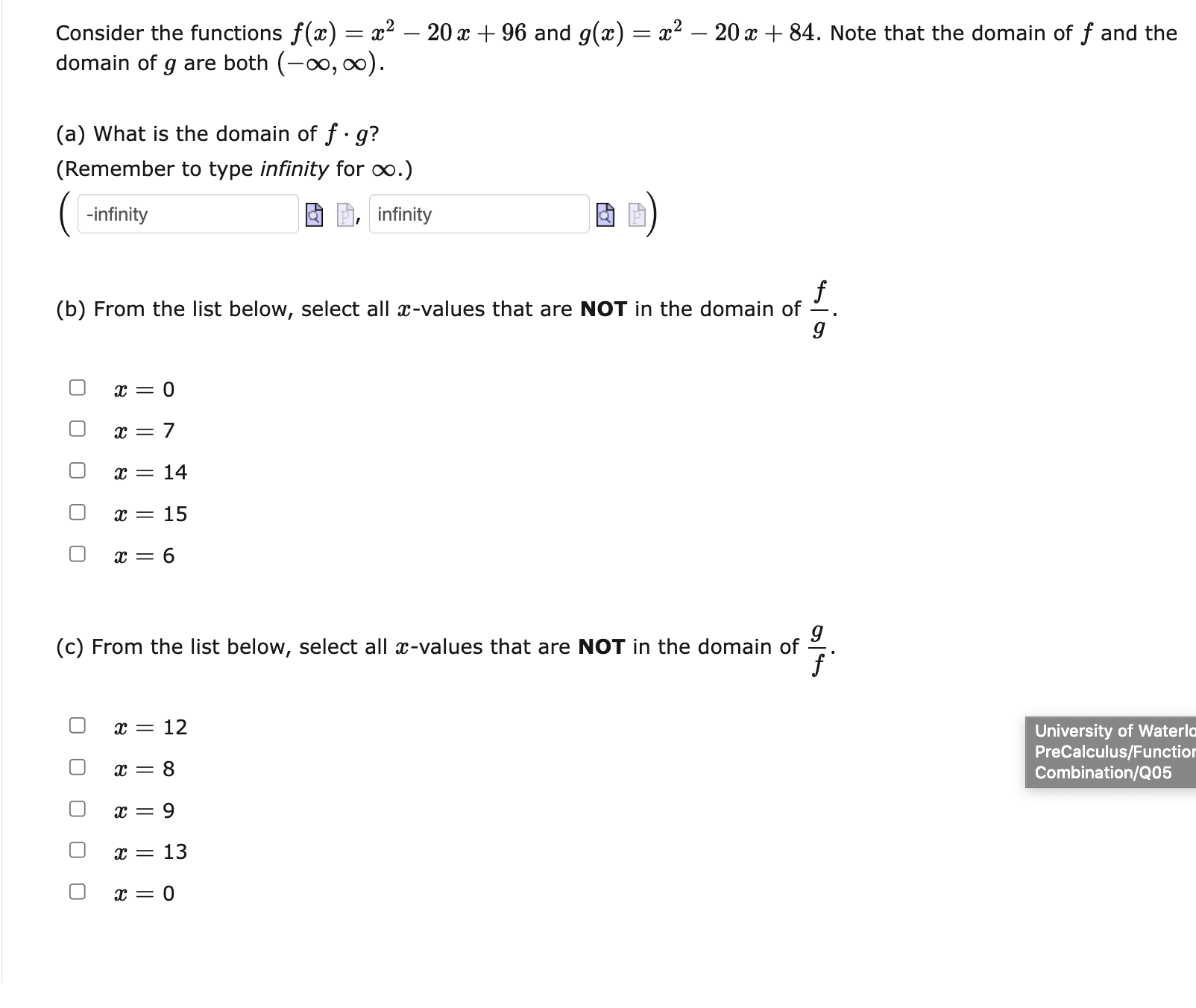 Solved Consider the functions f(x)=x2−20x+96 and | Chegg.com