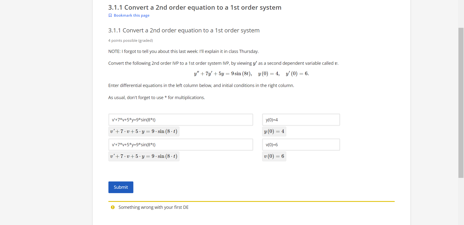Solved 3.1.1 Convert a 2 nd order equation to a 1 st order | Chegg.com