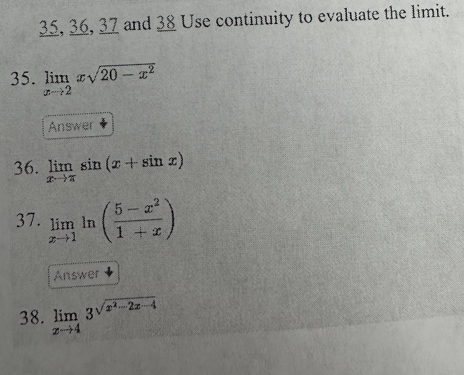 Solved 35,36,37 and 38 Use continuity to evaluate the limit. | Chegg.com