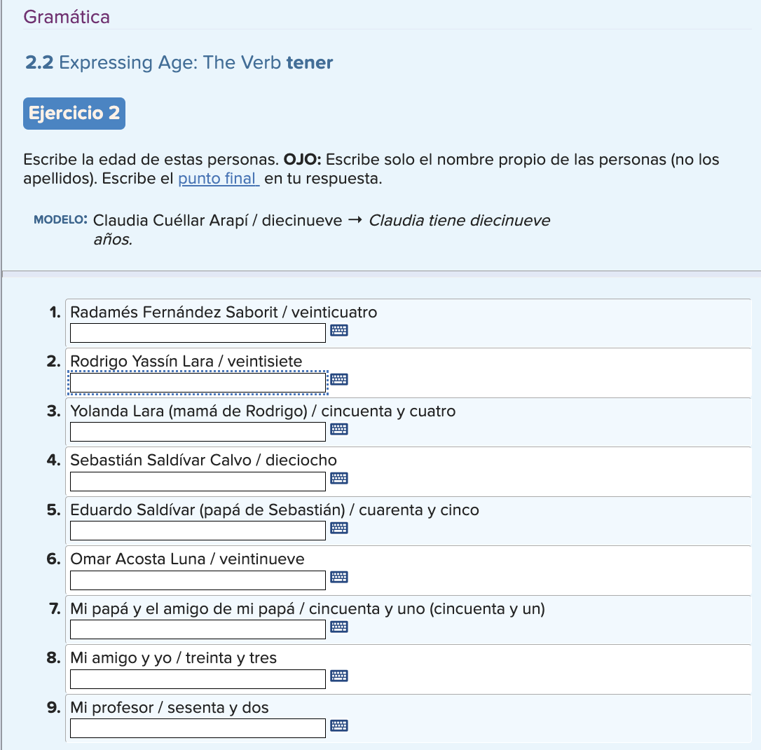 2.2 Expressing Age: The Verb tener Escribe la edad de | Chegg.com