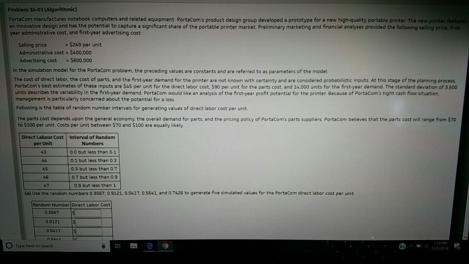 Problem 16-03 (Algorithmic) PortaCom manufactures | Chegg.com