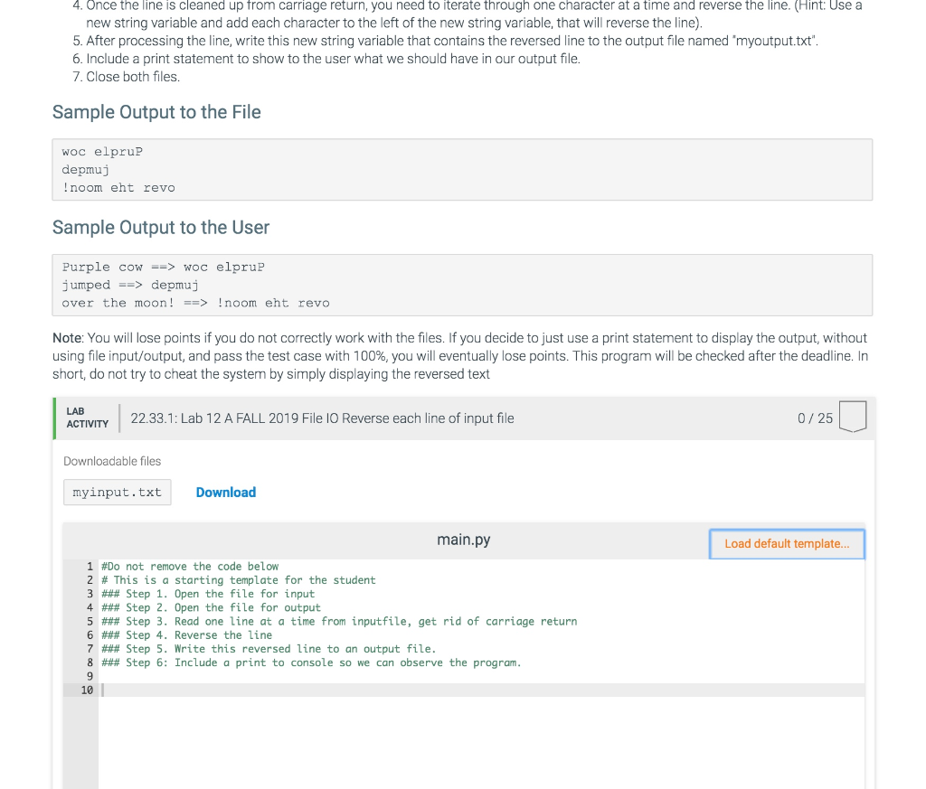 Solved 22.33 Lab 12 A FALL 2019 File 10 Reverse each line of | Chegg.com