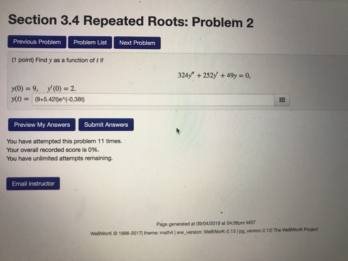 Solved Section 3.4 Repeated Roots: Problem 2 Previous | Chegg.com