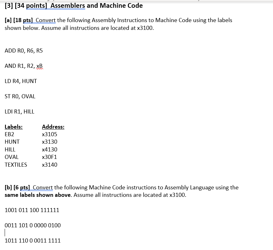 131 134 points) Assemblers and Machine Code [a] [18 | Chegg.com