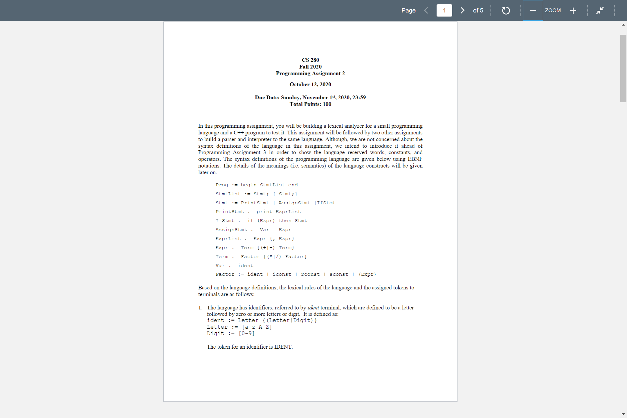 Page 1 > of 5 ZOOM + CS 280 Fall 2020 Programming | Chegg.com