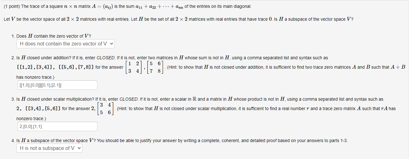 Solved (1 point) The trace of a square n×n matrix A=(aij) is | Chegg.com