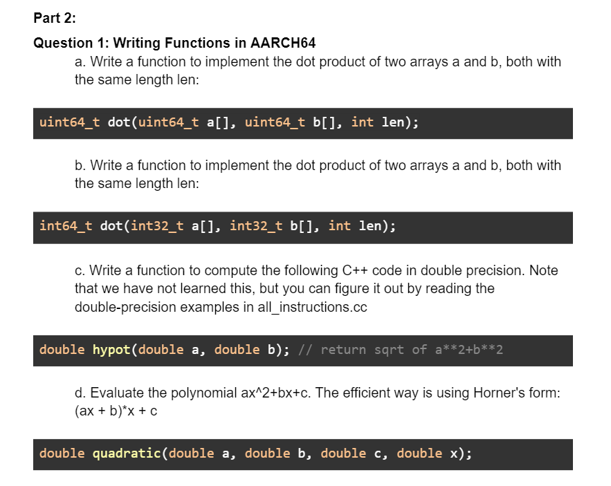 Solved Part 2: Question 1: Writing Functions in AARCH64 a. | Chegg.com