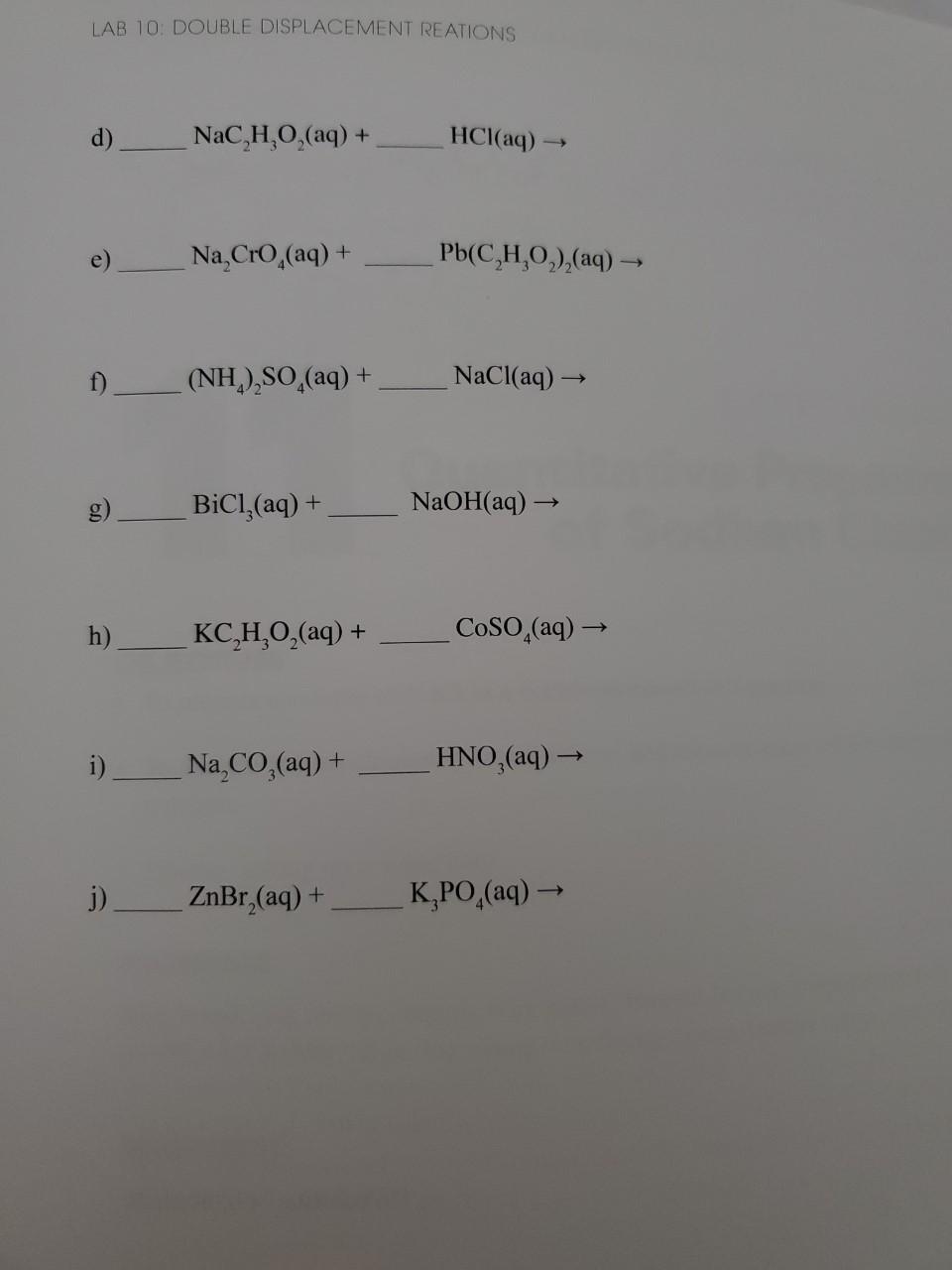 Solved LAB 10: DOUBLE DISPLACEMENT REATIONS d) e) f) | Chegg.com