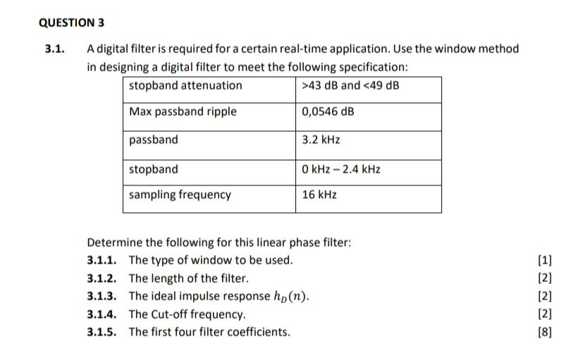 Solved QUESTION 3 3.1. A digital filter is required for a | Chegg.com