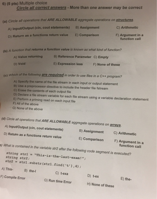 Solved 6) (5 pts) Multiple choice Circle all correct | Chegg.com