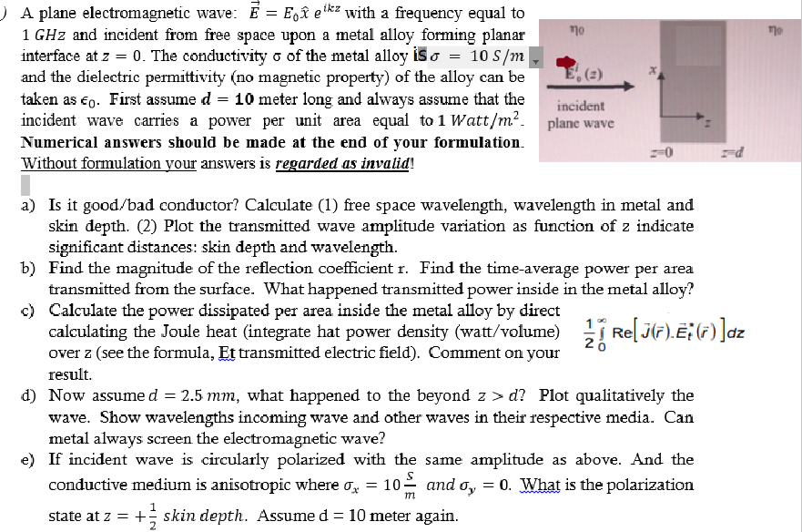 Solved A Plane Electromagnetic Wave E E0x Eikz With A
