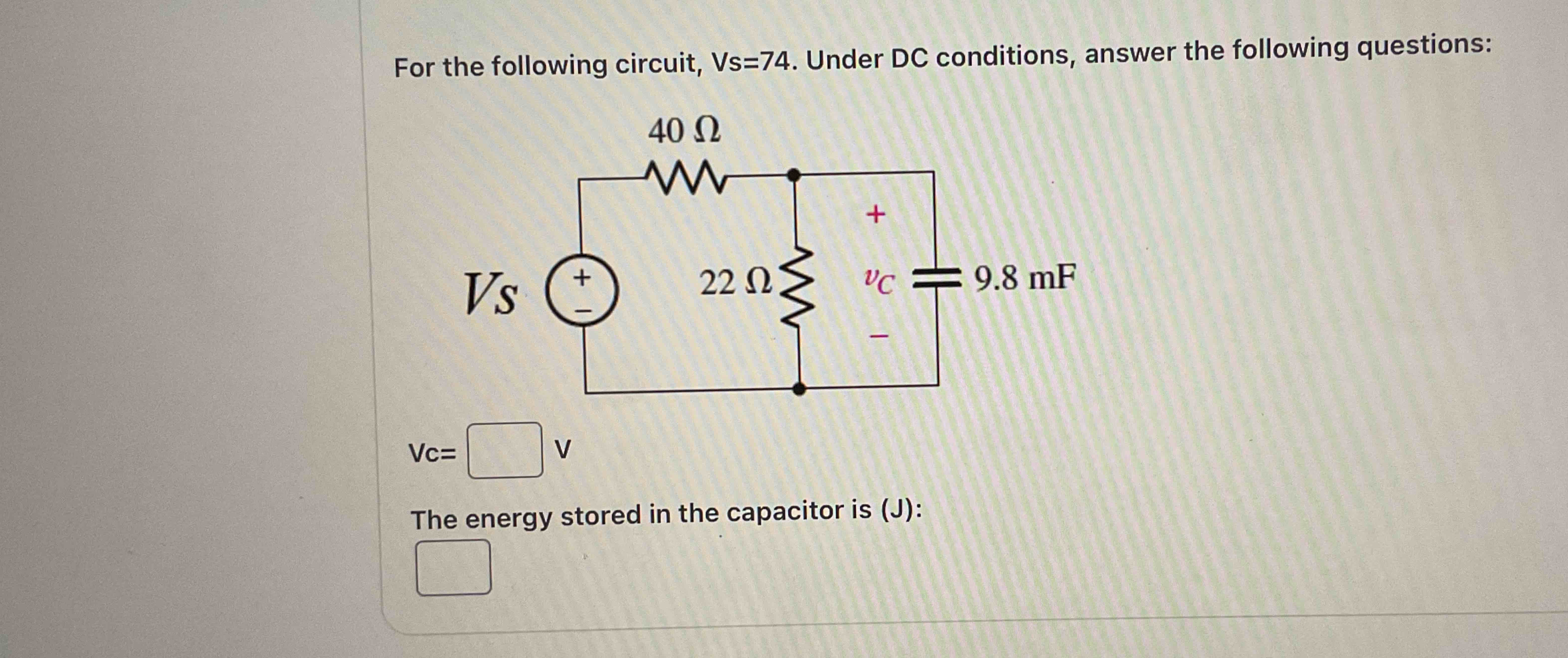 Solved For the following circuit, Vs=74. ﻿Under DC | Chegg.com