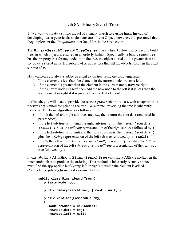 Solved Java Binary Search tree. Please add the code to the | Chegg.com