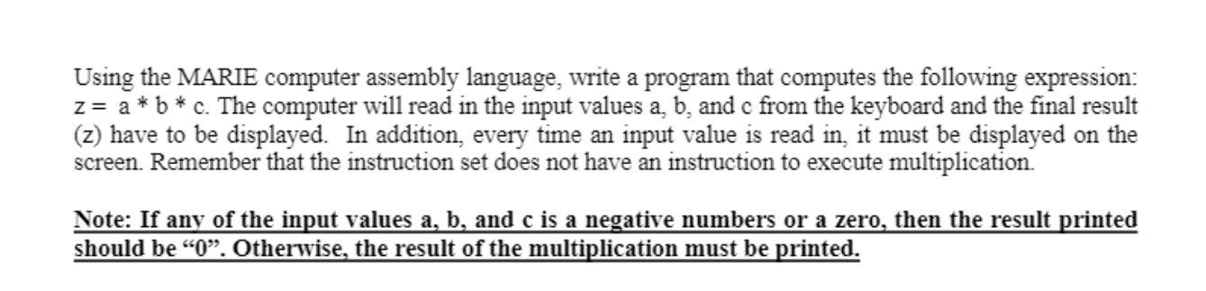 Solved Using the MARIE computer assembly language, write a | Chegg.com
