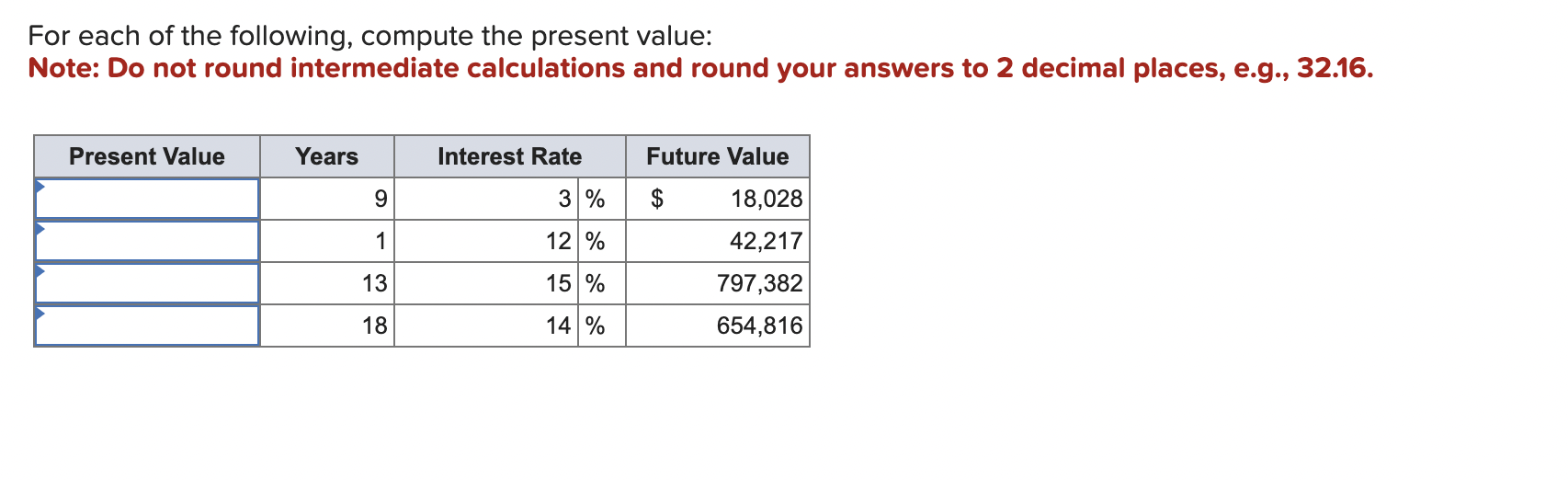 Solved For each of the following, compute the present | Chegg.com