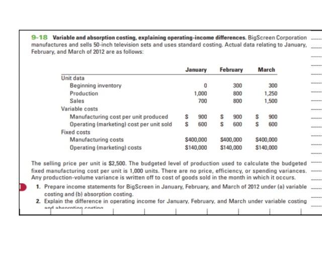 9-18 Variable and absorption costing. explaining | Chegg.com
