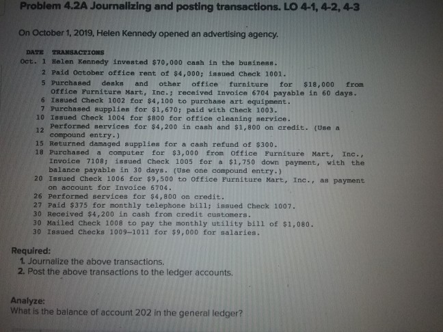 Solved Problem 4.2A Journalizing and posting transactions. | Chegg.com