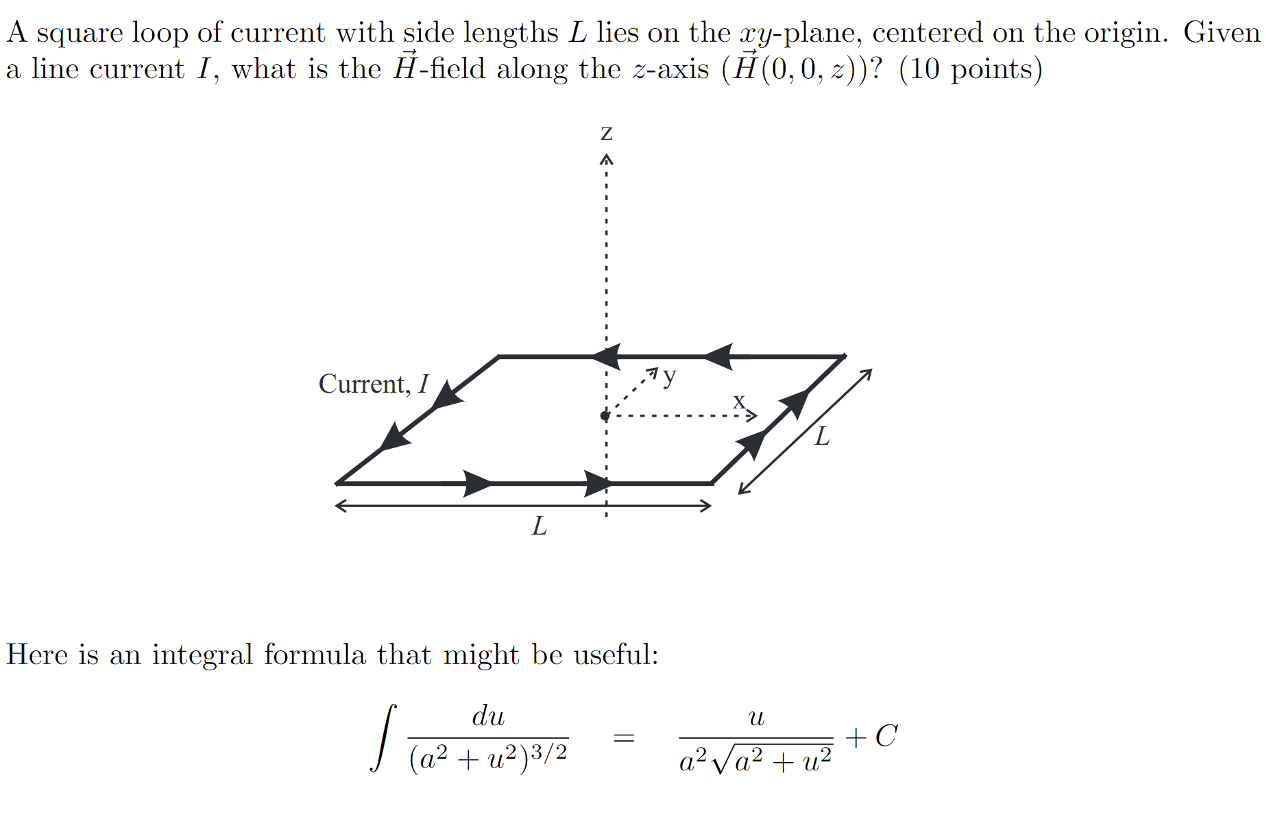 Solved A square loop of current with side lengths L lies on | Chegg.com