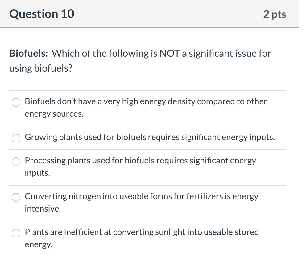 Solved Question 10 2 pts Biofuels: Which of the following is | Chegg.com
