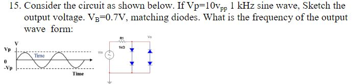 Solved 15. Consider the circuit as shown below. If Vp 10Vpp | Chegg.com