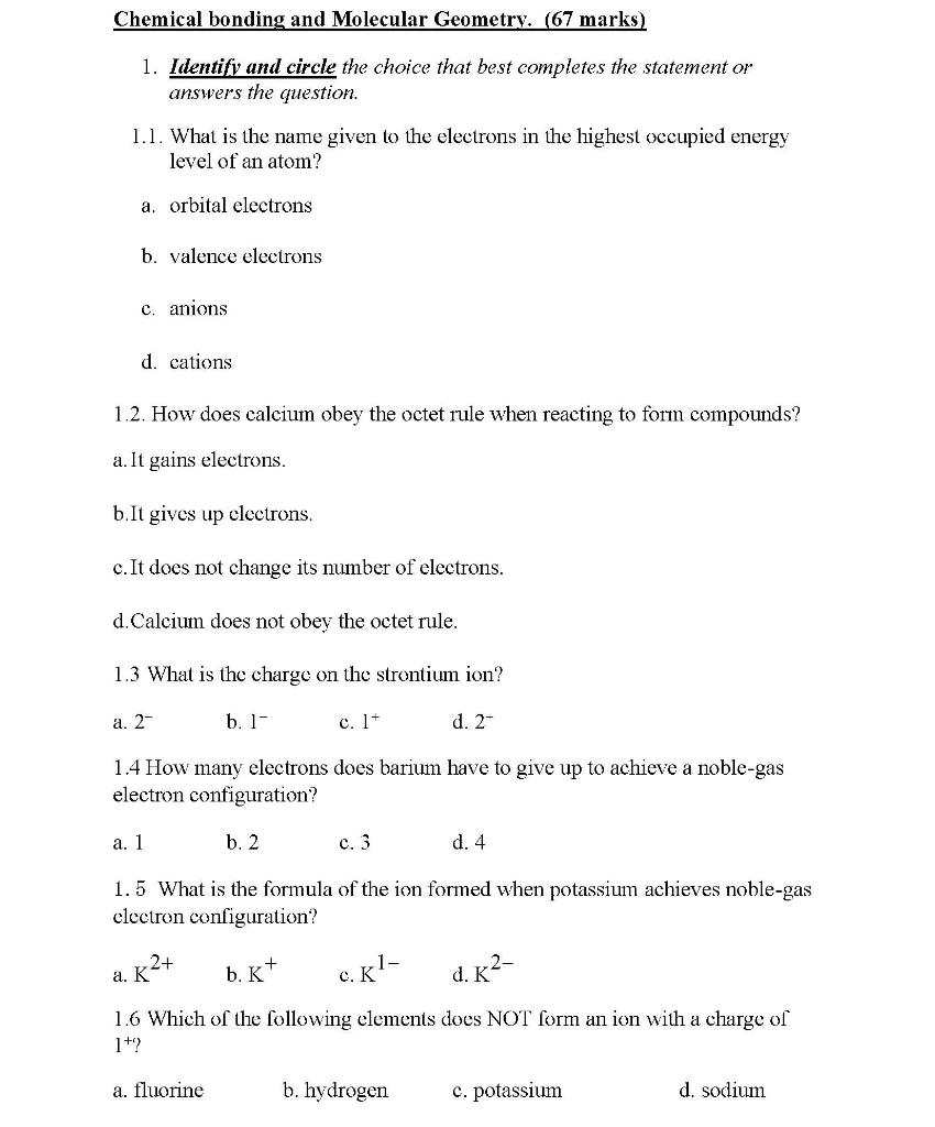 Solved Chemical bonding and Molecular Geometry. (67 marks) | Chegg.com