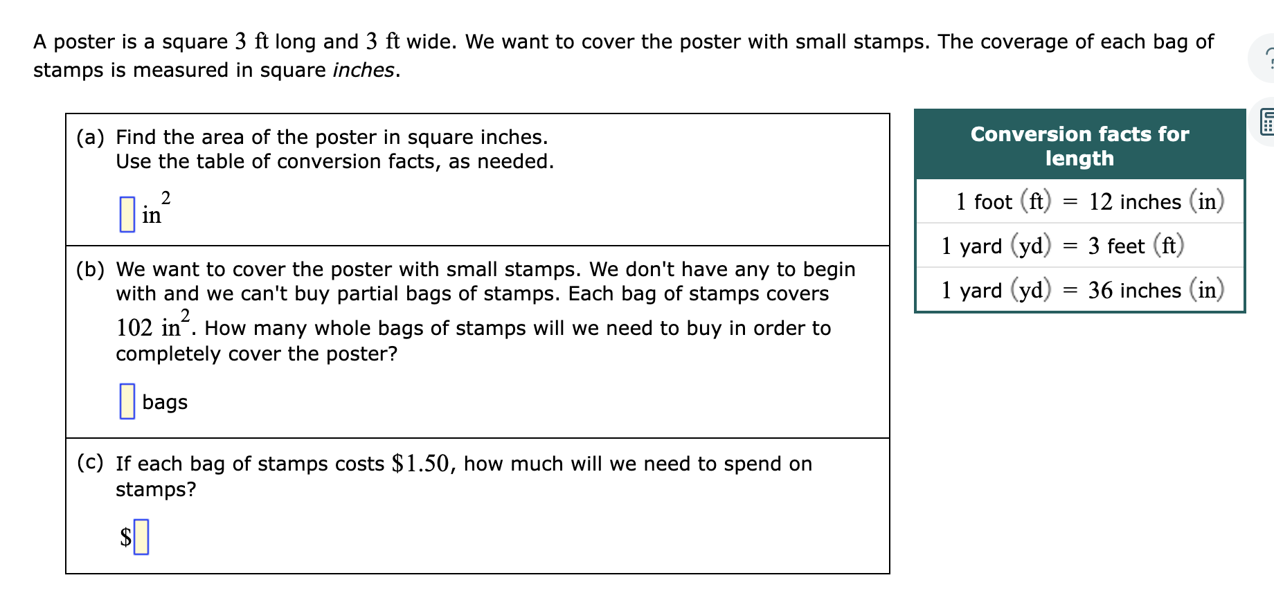 Solved A poster is a square 3ft long and 3ft wide. We want | Chegg.com