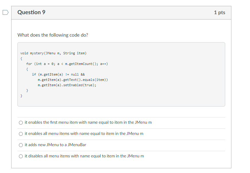 Solved Question 9 1 pts What does the following code do? | Chegg.com