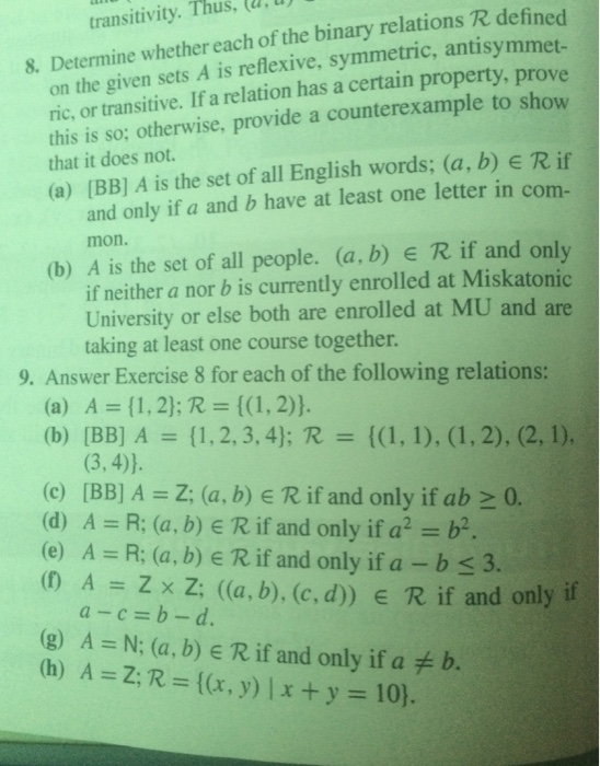 Solved transitivity. Thus, (a, U) 8. Determine whether each | Chegg.com