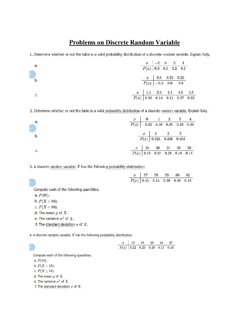 Solved Problems on Discrete Random Variable 1. Determine | Chegg.com