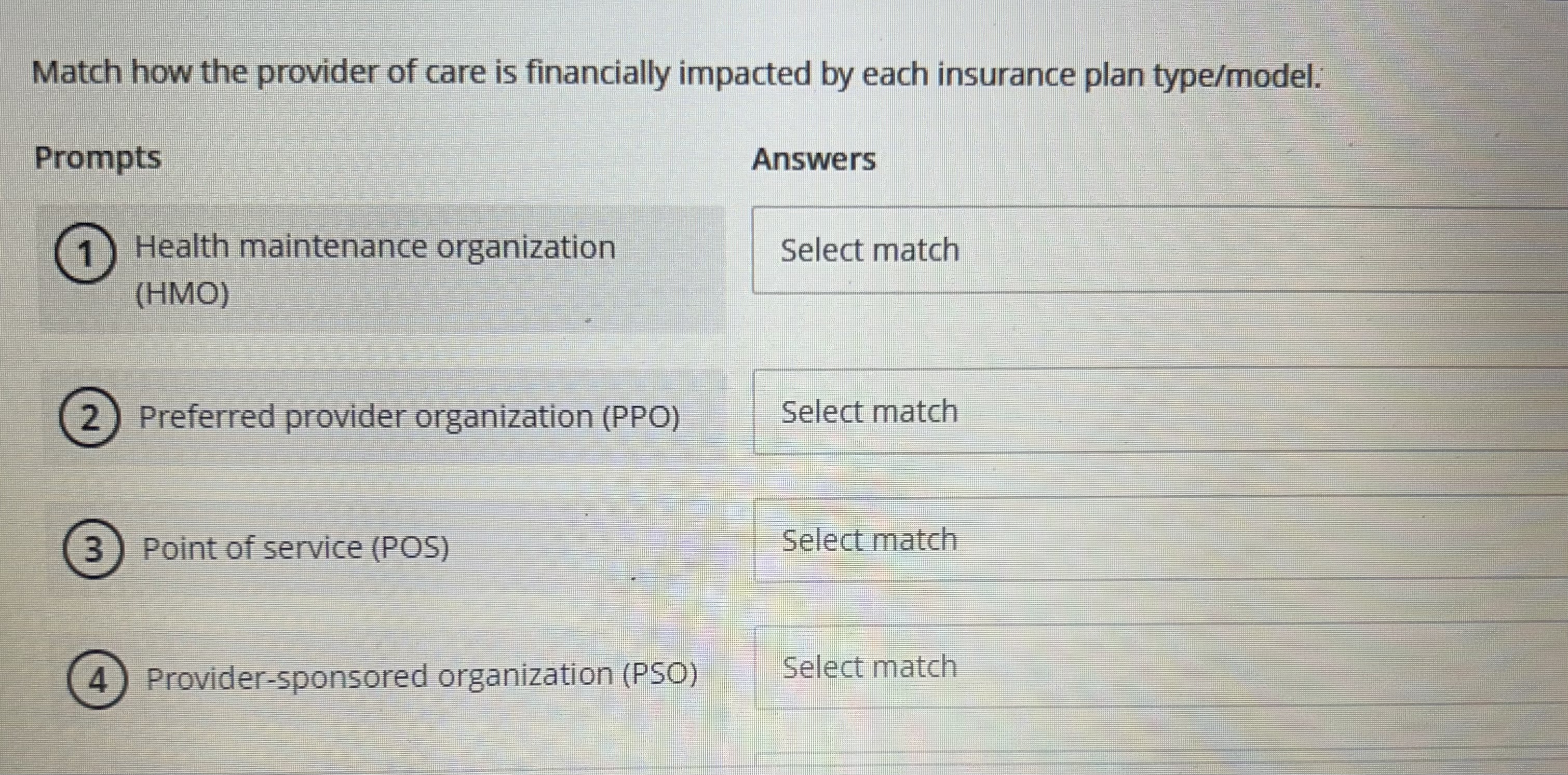 Solved Match how the provider of care is financially | Chegg.com