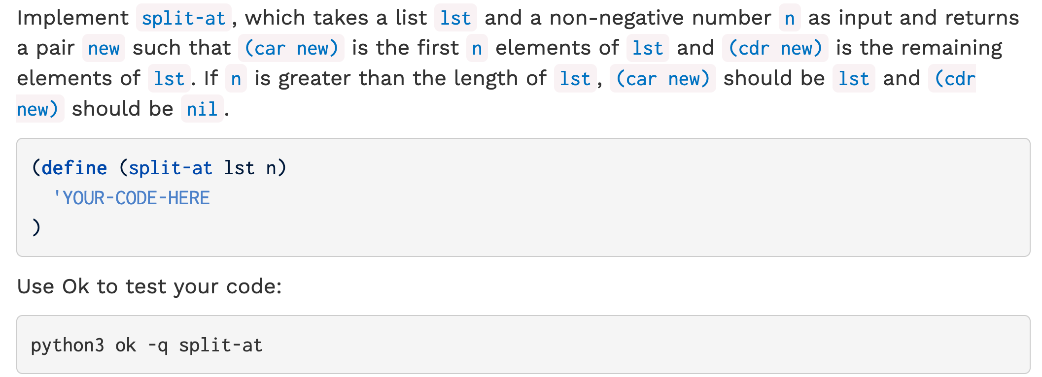 Solved Implement split-at, which takes a list 1st and a | Chegg.com