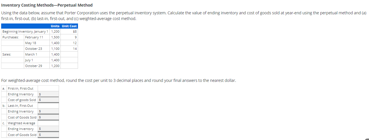 Solved Inventory Costing Methods-Perpetual Method Using the | Chegg.com