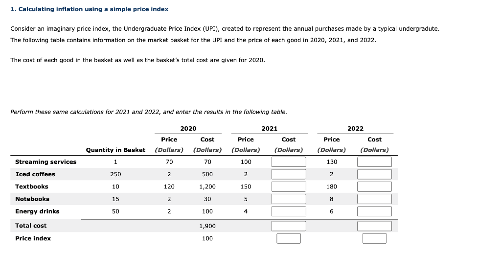 Solved 1. Calculating inflation using a simple price index | Chegg.com