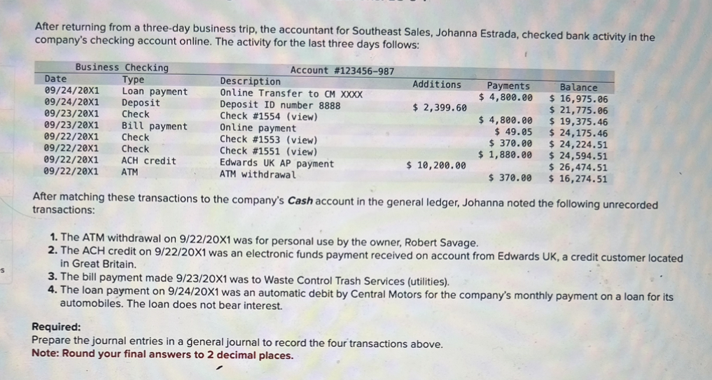Solved After returning from a three-day business trip, the | Chegg.com