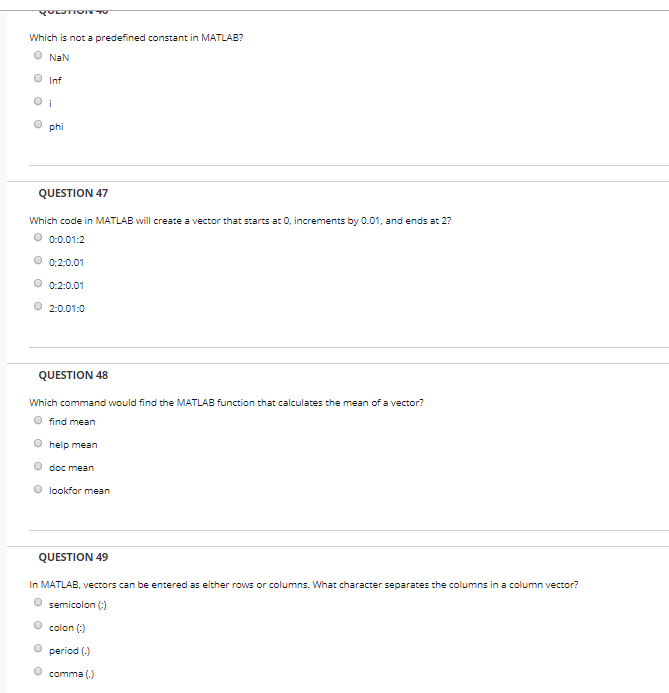 Solved Which is not a predefined constant in MATLAB? O NaN O | Chegg.com