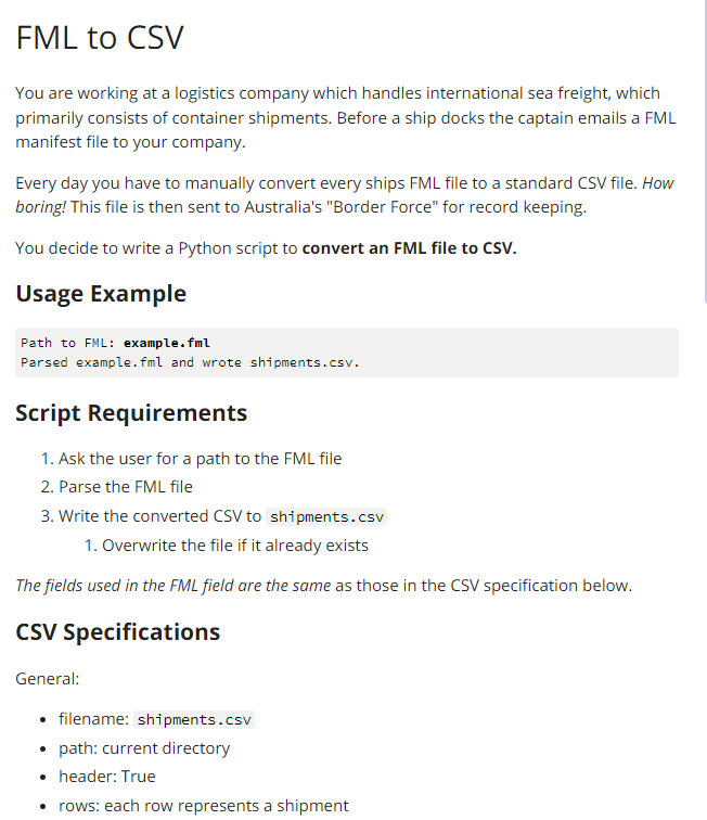 Solved FML to CSV You are working at a logistics company | Chegg.com