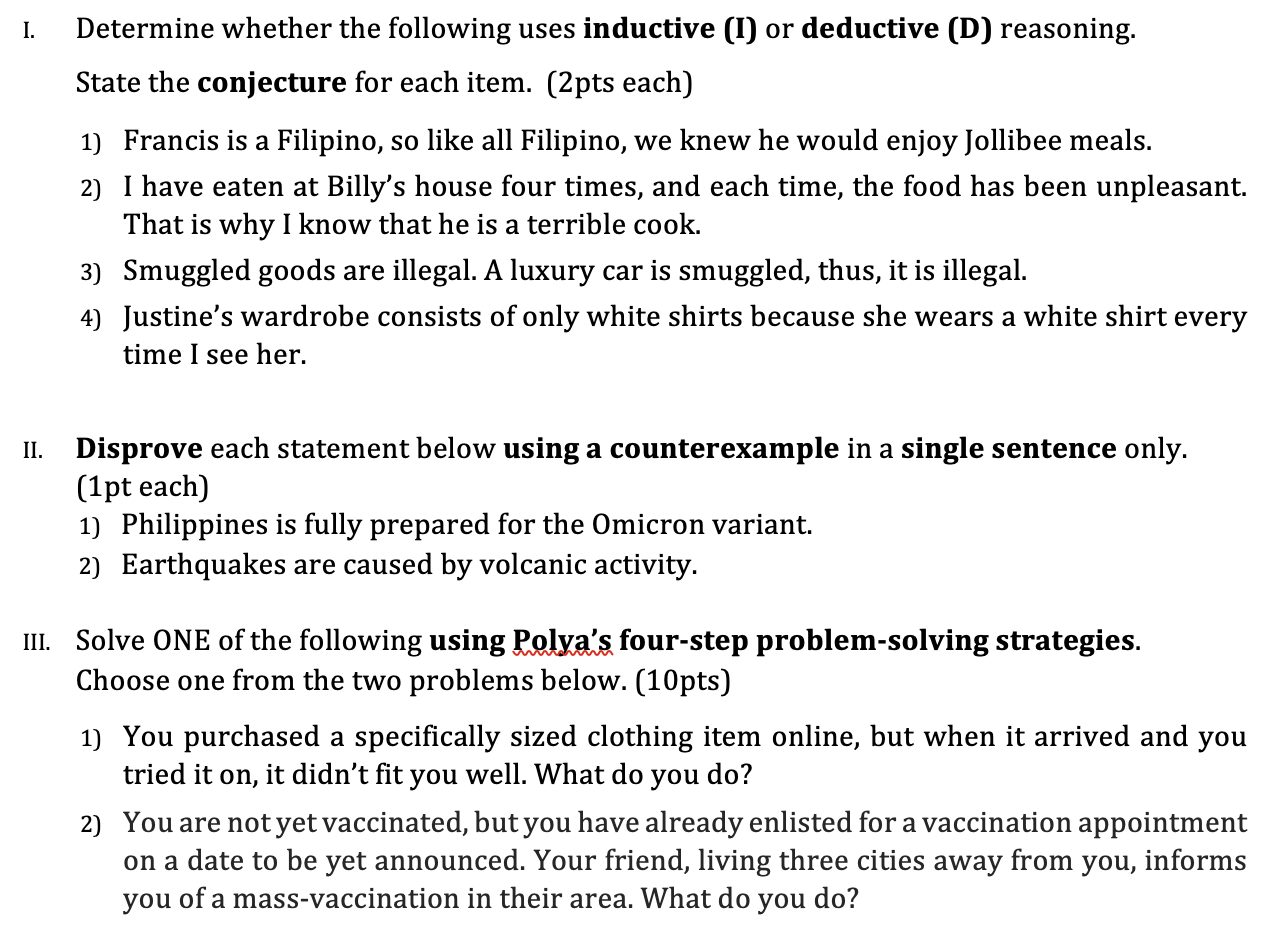 Solved I. Determine whether the following uses inductive (1) | Chegg.com