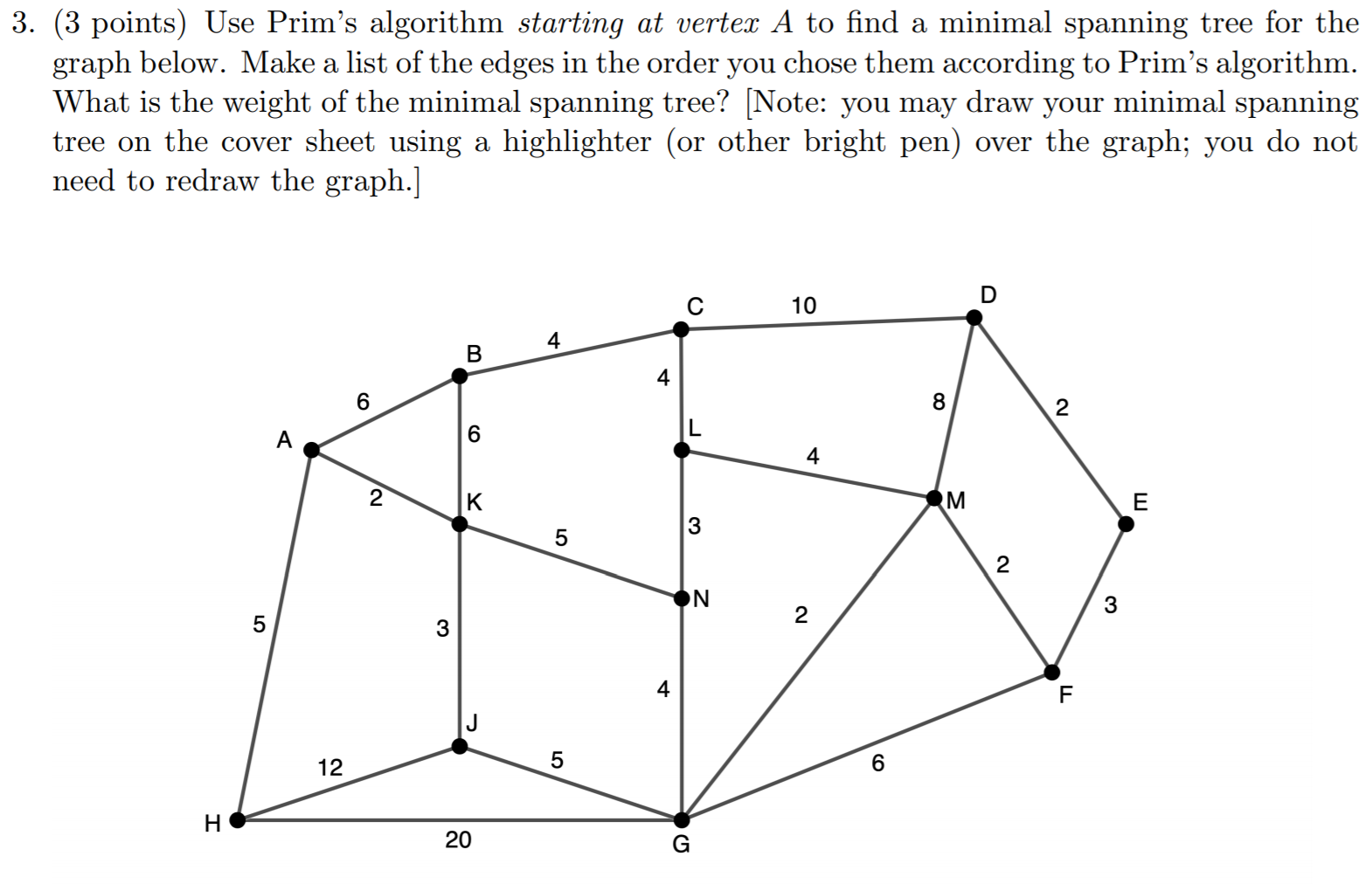 Solved 3. (3 points) Use Prim's algorithm starting at vertex | Chegg.com