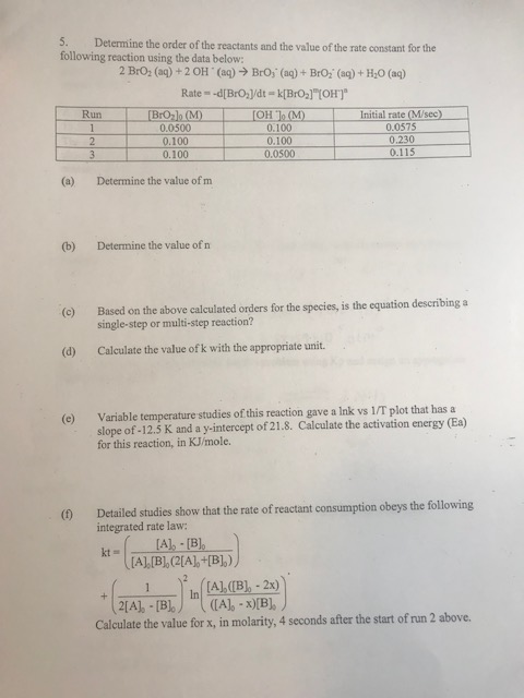 Solved Determine the order of the reactants and the value of | Chegg.com